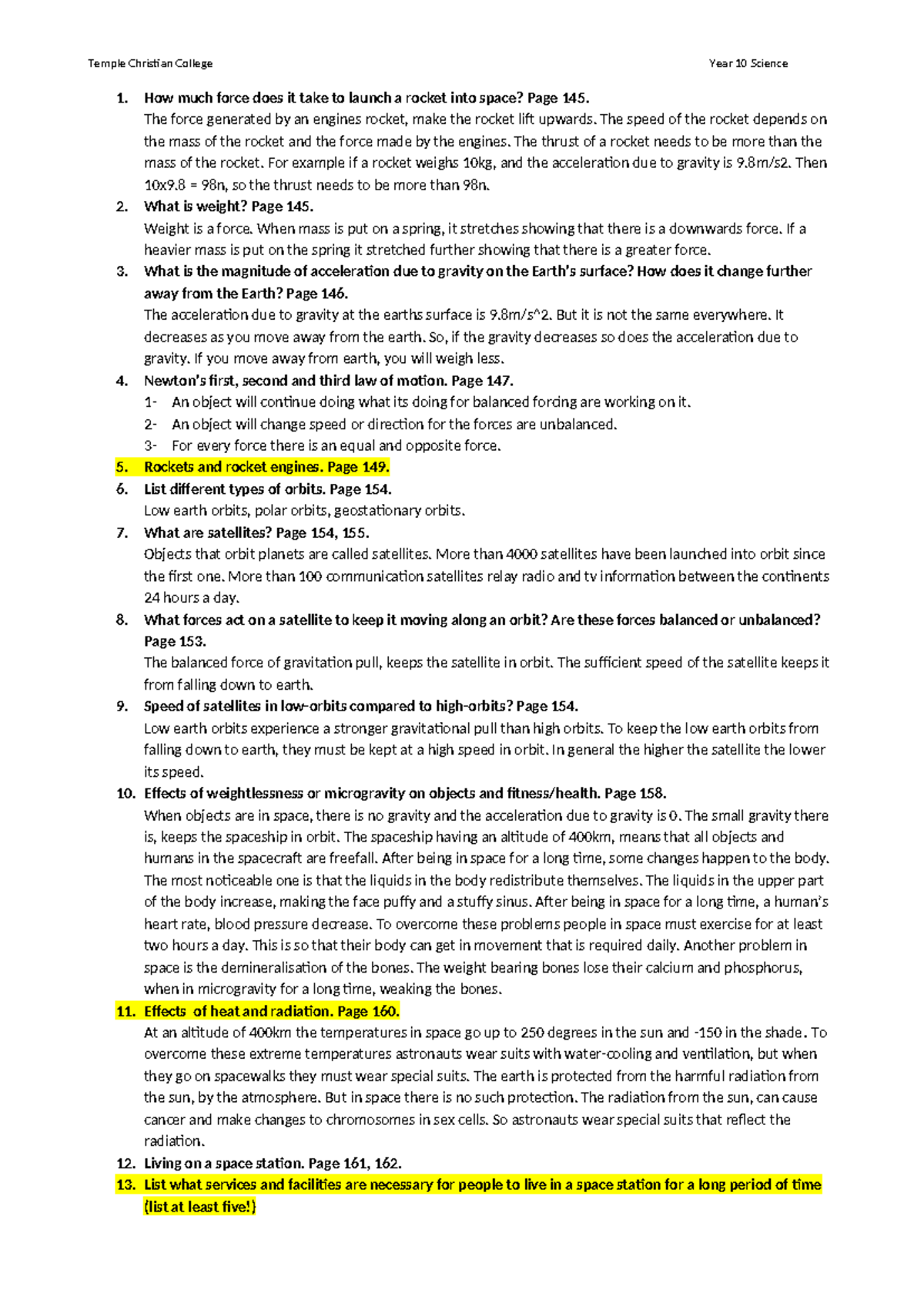 Space Science - Revision (002) - Temple Christian College Year 10 ...