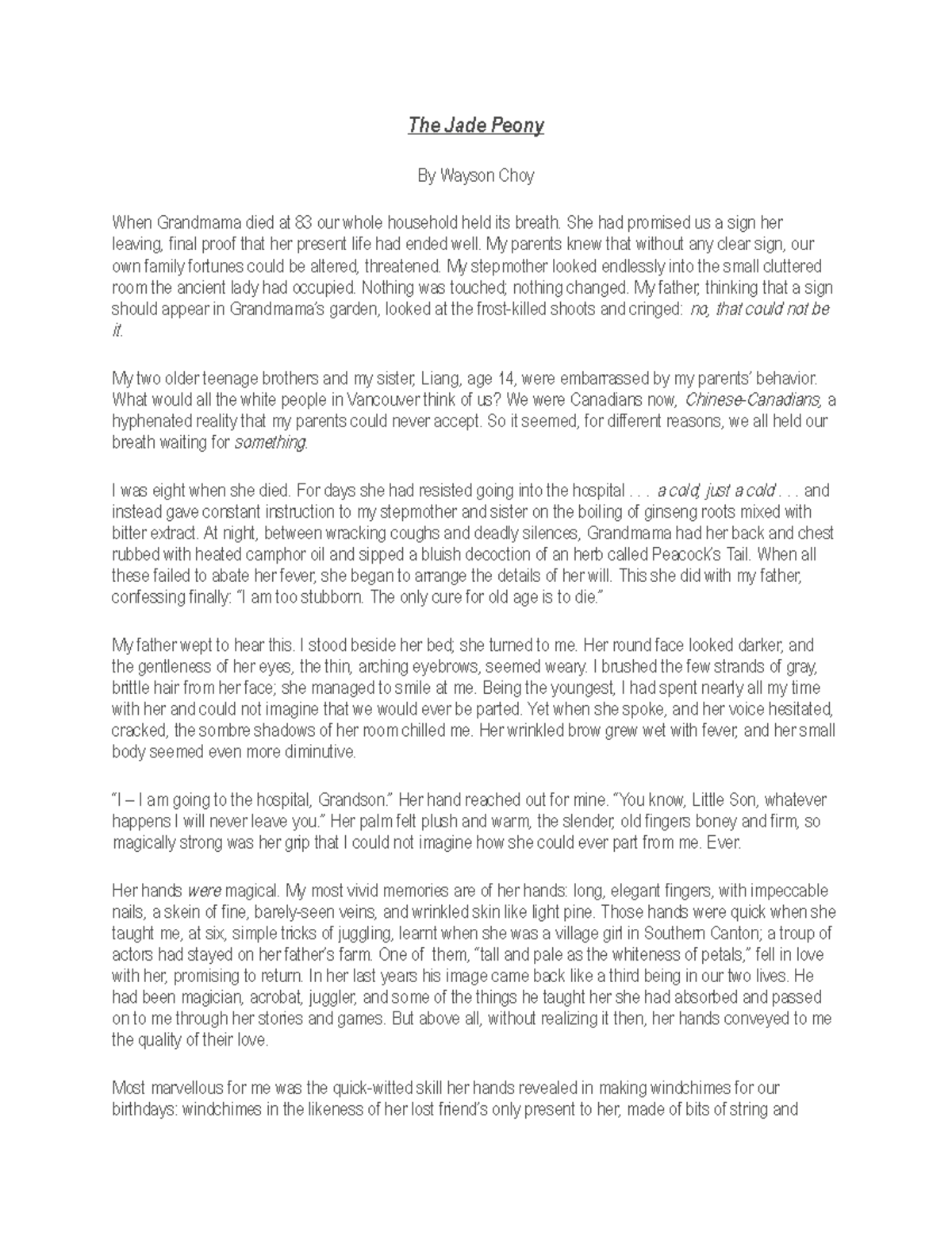 The Jade Peony - Behsbsns - The Jade Peony By Wayson Choy When ...