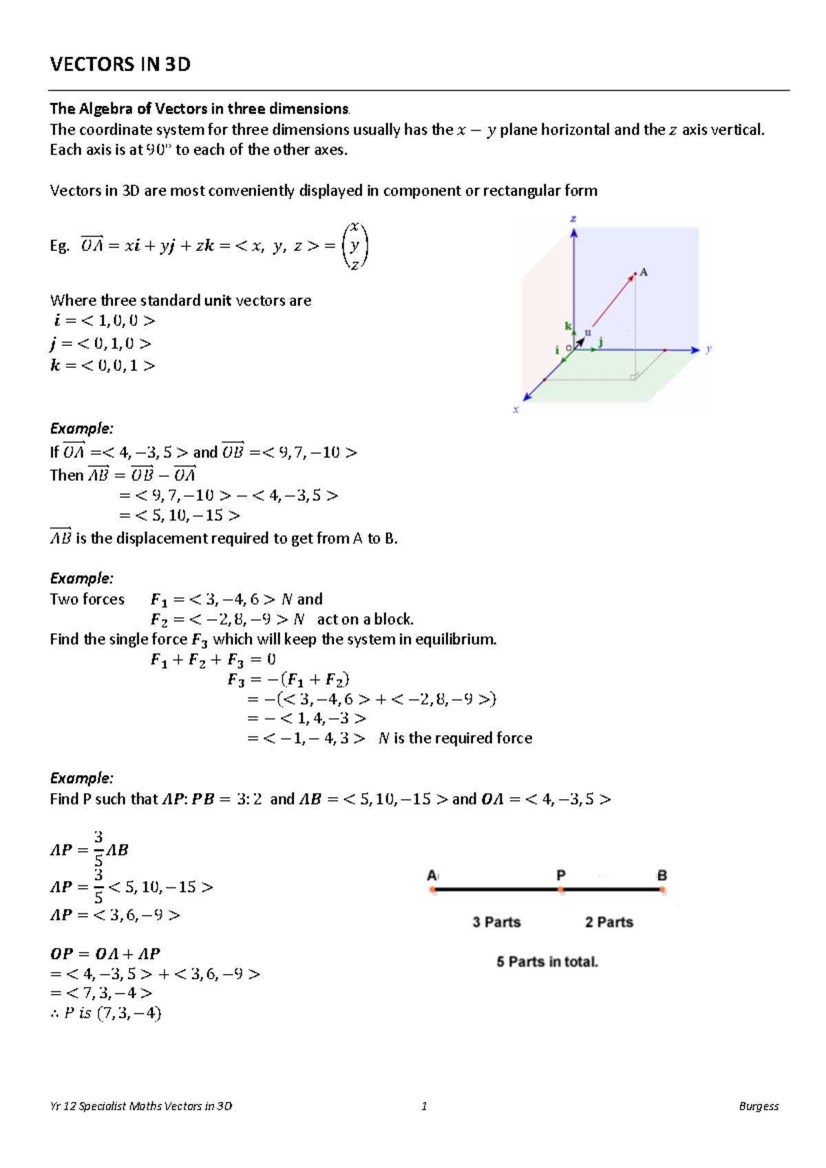 Vectors IN 3D - Notes - VECTORS IN 3D The Algebra of Vectors in three ...