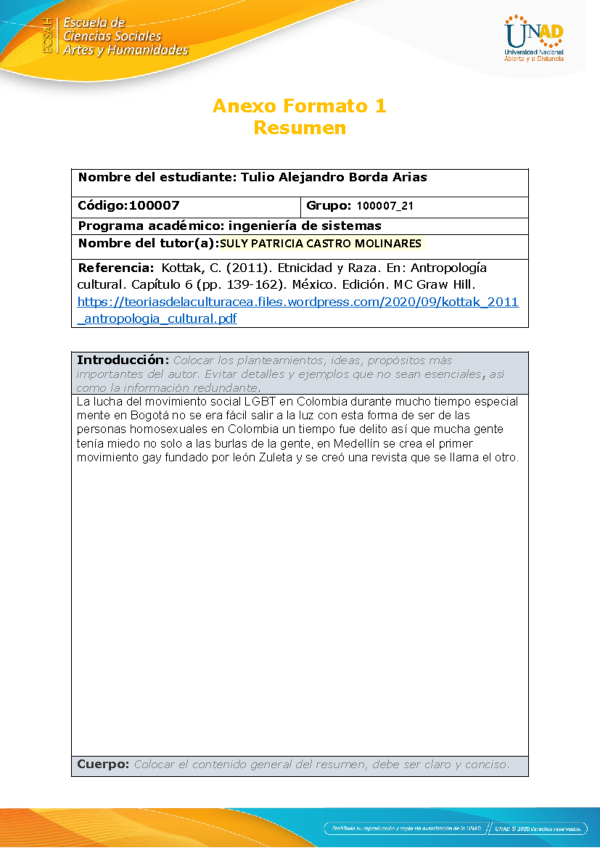 Anexo 1 - Formato 1 - Anexo Formato 1 Resumen Nombre del estudiante ...