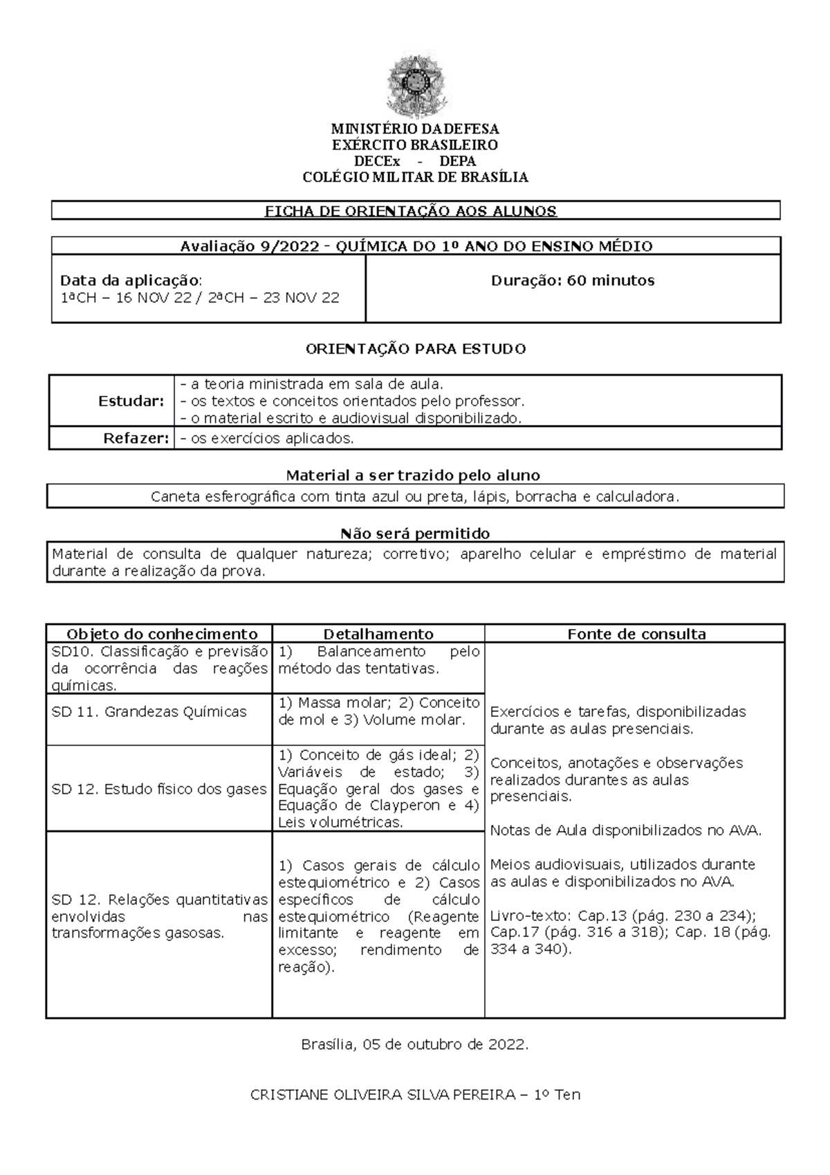FOA-A9- Química-1ºANO - MINISTÉRIO DA DEFESA EXÉRCITO BRASILEIRO DECEx - DEPA COLÉGIO MILITAR DE ...