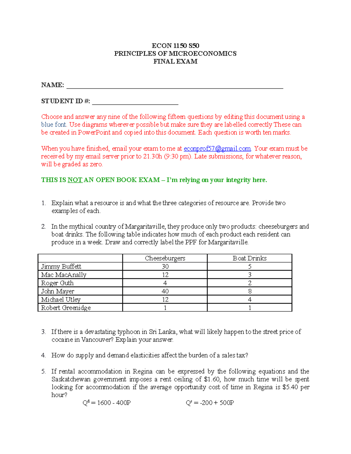 Final Spring 2020 - ECON 1150 S PRINCIPLES OF MICROECONOMICS FINAL EXAM ...