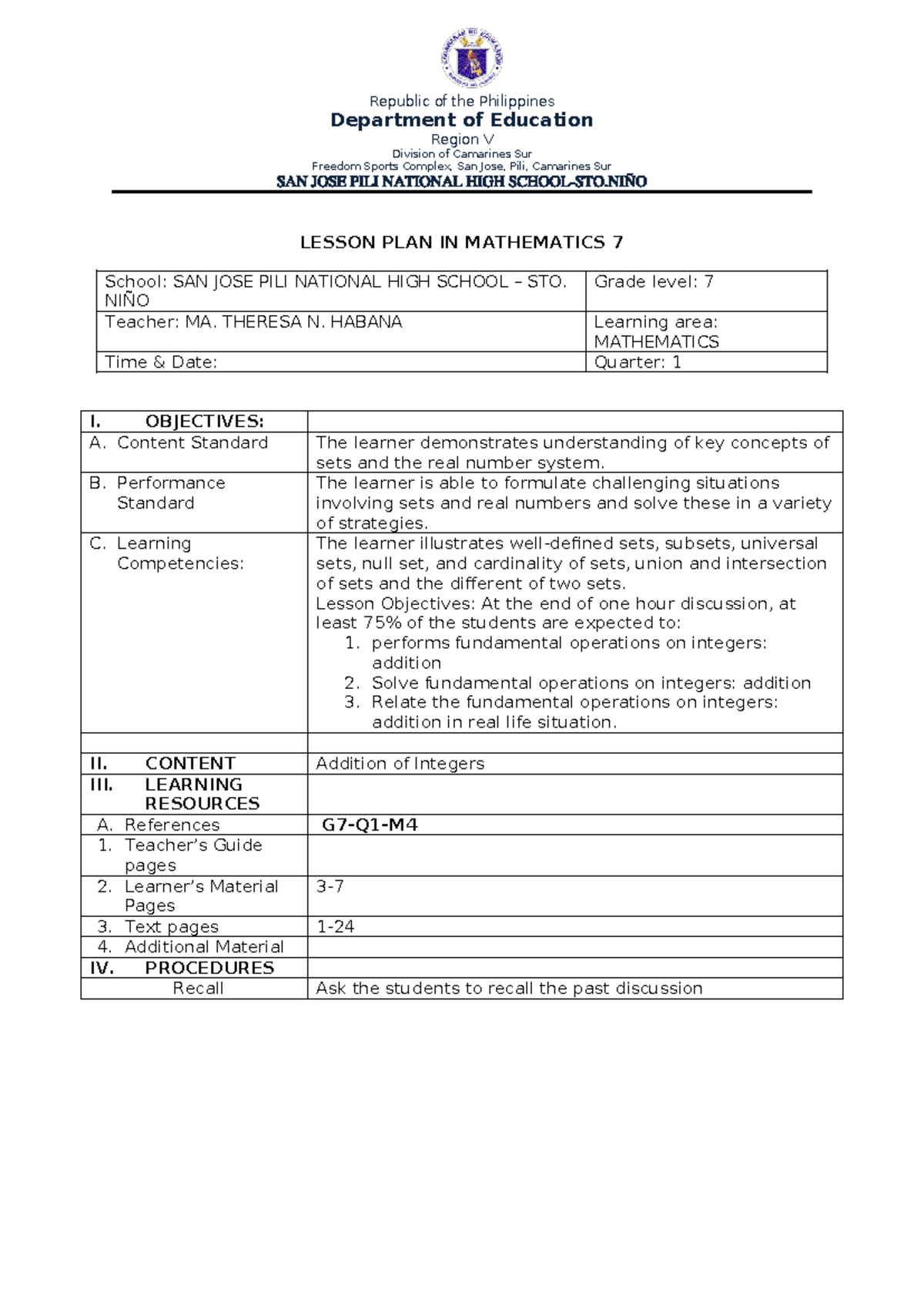 LP - Lesson Plan G11 - Republic of the Philippines Department of ...
