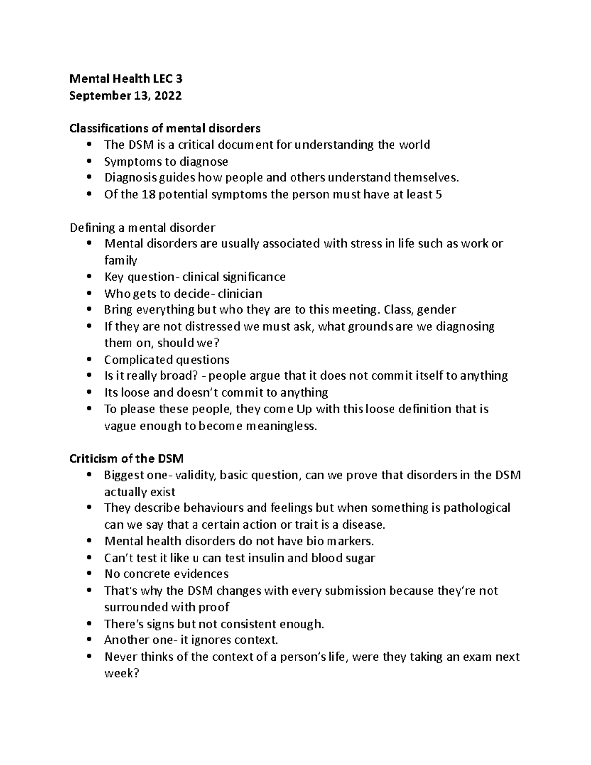 Mental health LEC 3 - lecture 3 notes - Mental Health LEC 3 September ...