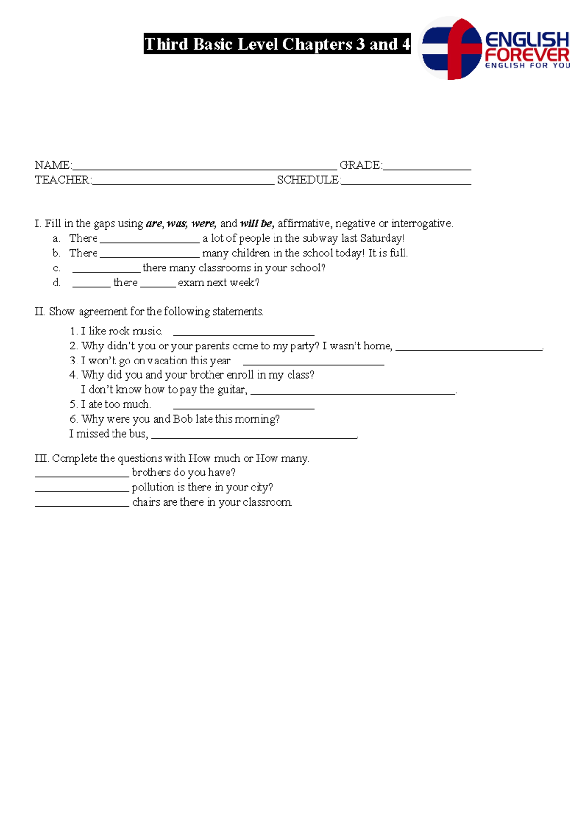 Copy of Basic 3. Ch 3 and 4 - Third Basic Level Chapters 3 and 4 NAME ...