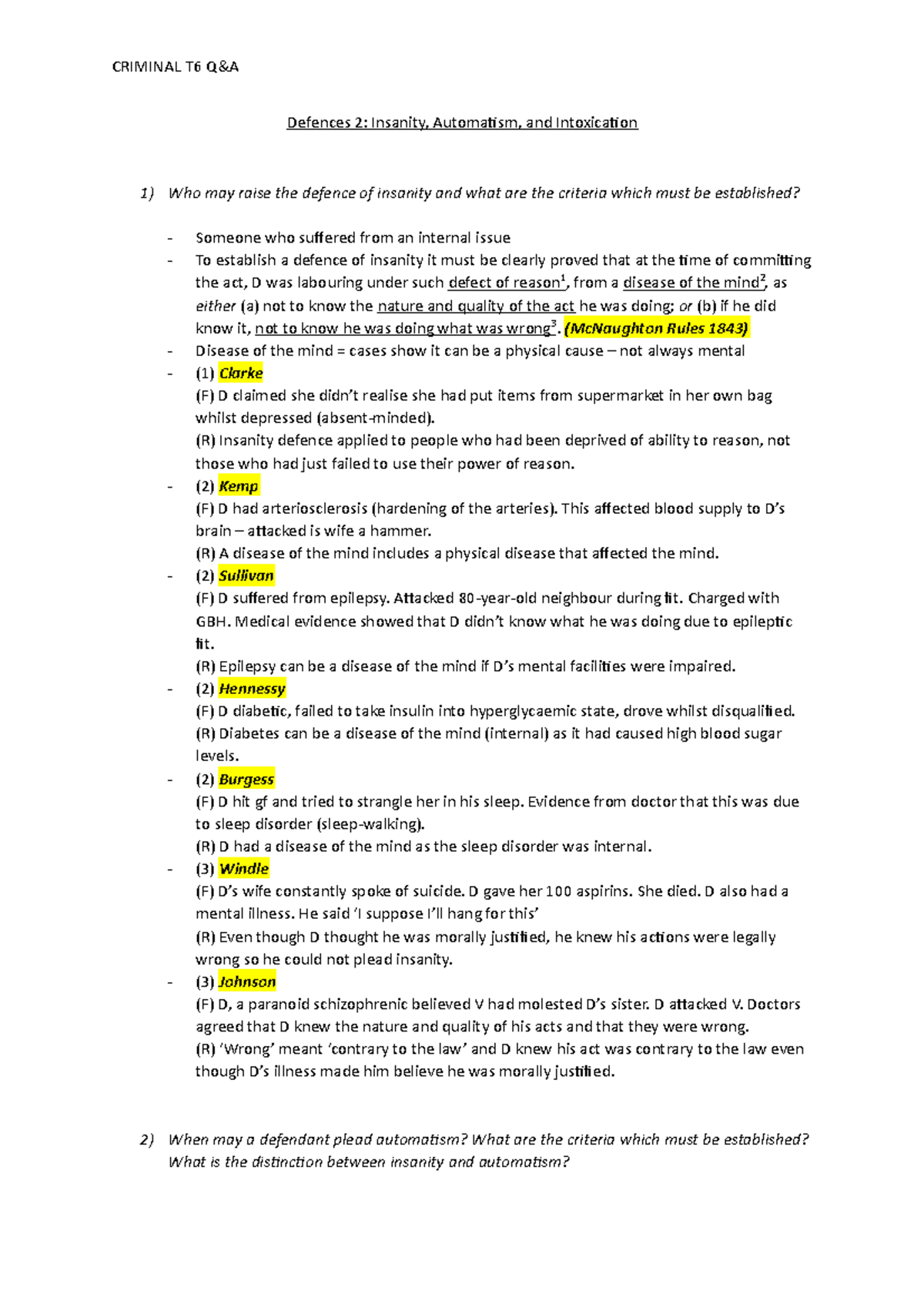 T6 Defences 2 Insanity Automatism and Intoxication - CRIMINAL T6 Q&amp ...