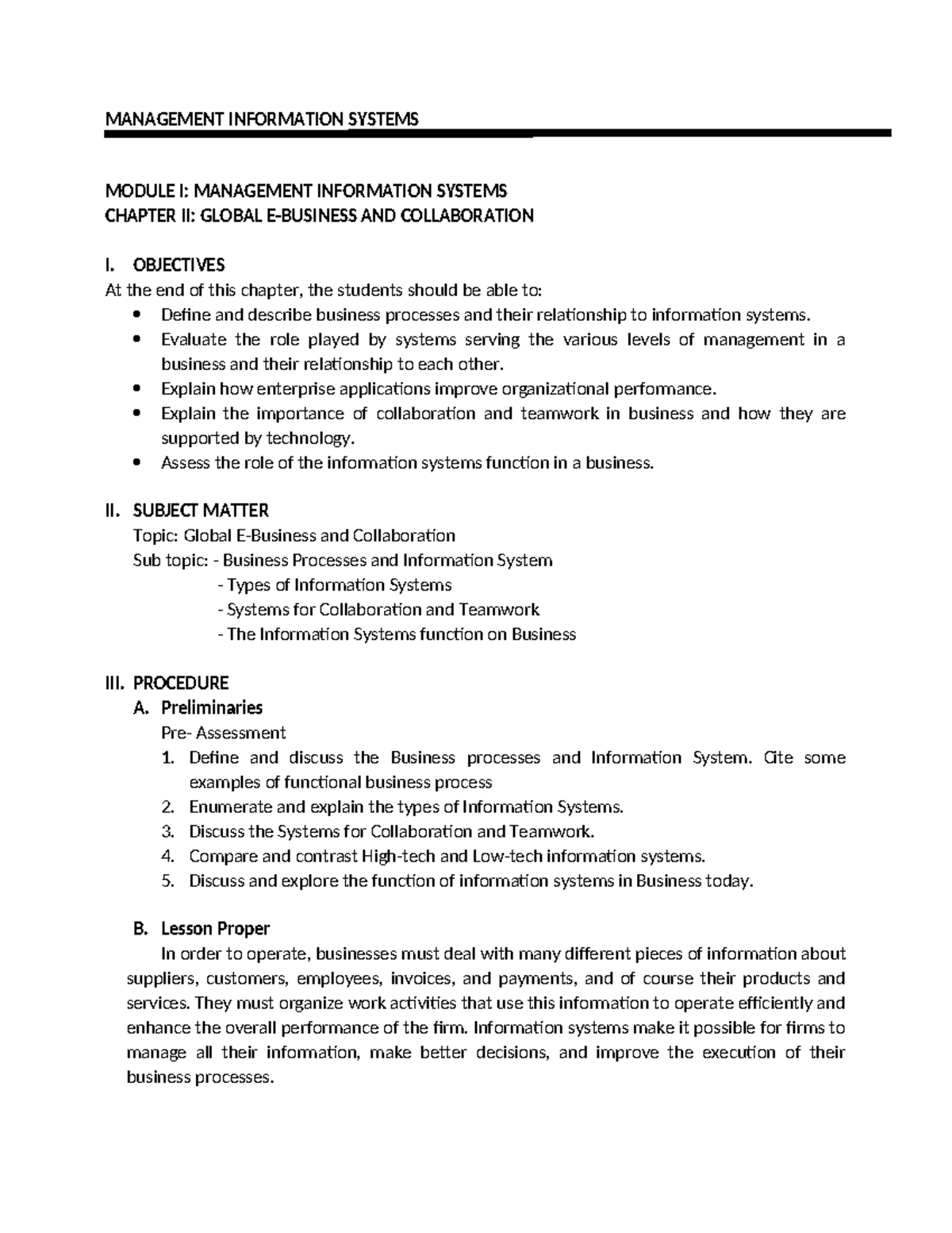 MIS-Chapter-2 - Bbbki - MANAGEMENT INFORMATION SYSTEMS MODULE I: MANAGEMENT INFORMATION SYSTEMS ...