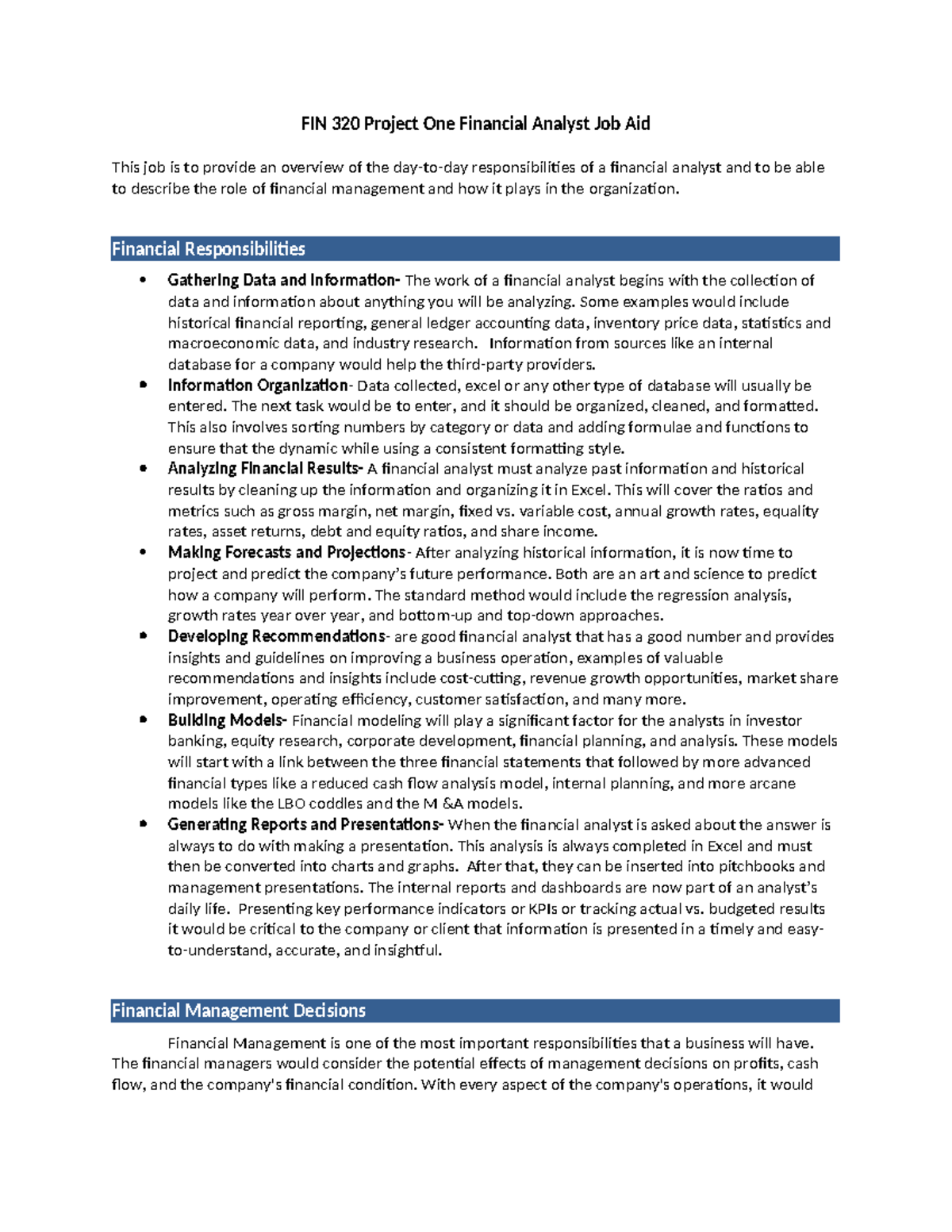3-2 Project One Financial Analyst Job Aid - Financial Responsibilities ...