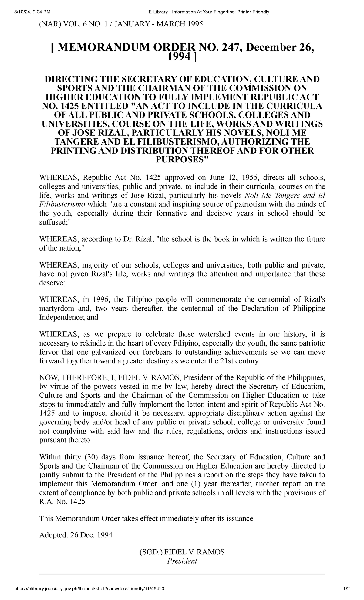 Article 1425 - (NAR) VOL. 6 NO. 1 / JANUARY - MARCH 1995 [ MEMORANDUM ORDER NO. 247, December 26 ...