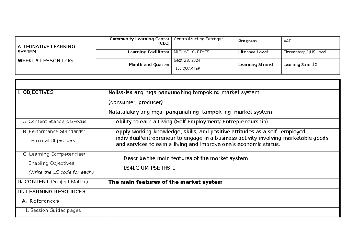 Ls 5 class observation - asdasdas - ALTERNATIVE LEARNING SYSTEM WEEKLY ...