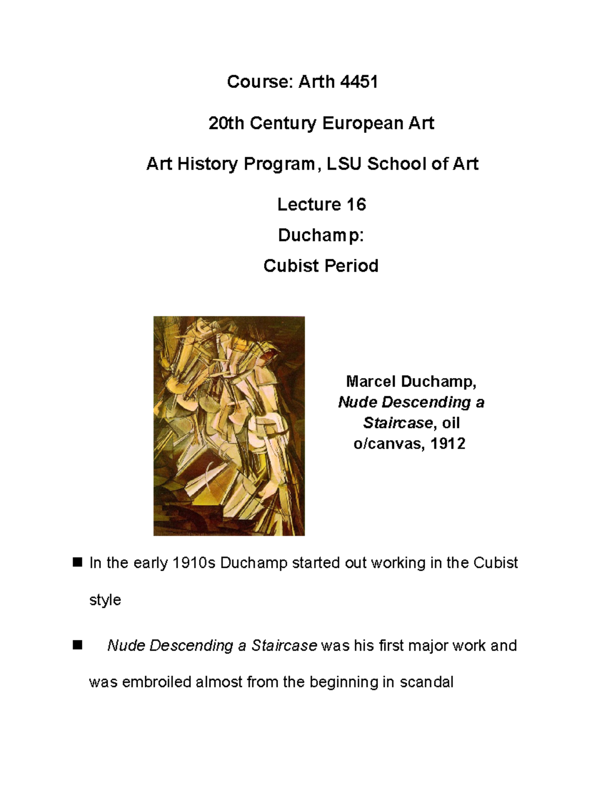 Duchamp - 20th Century Art Lecture Notes summary - Course: Arth 4451 ...