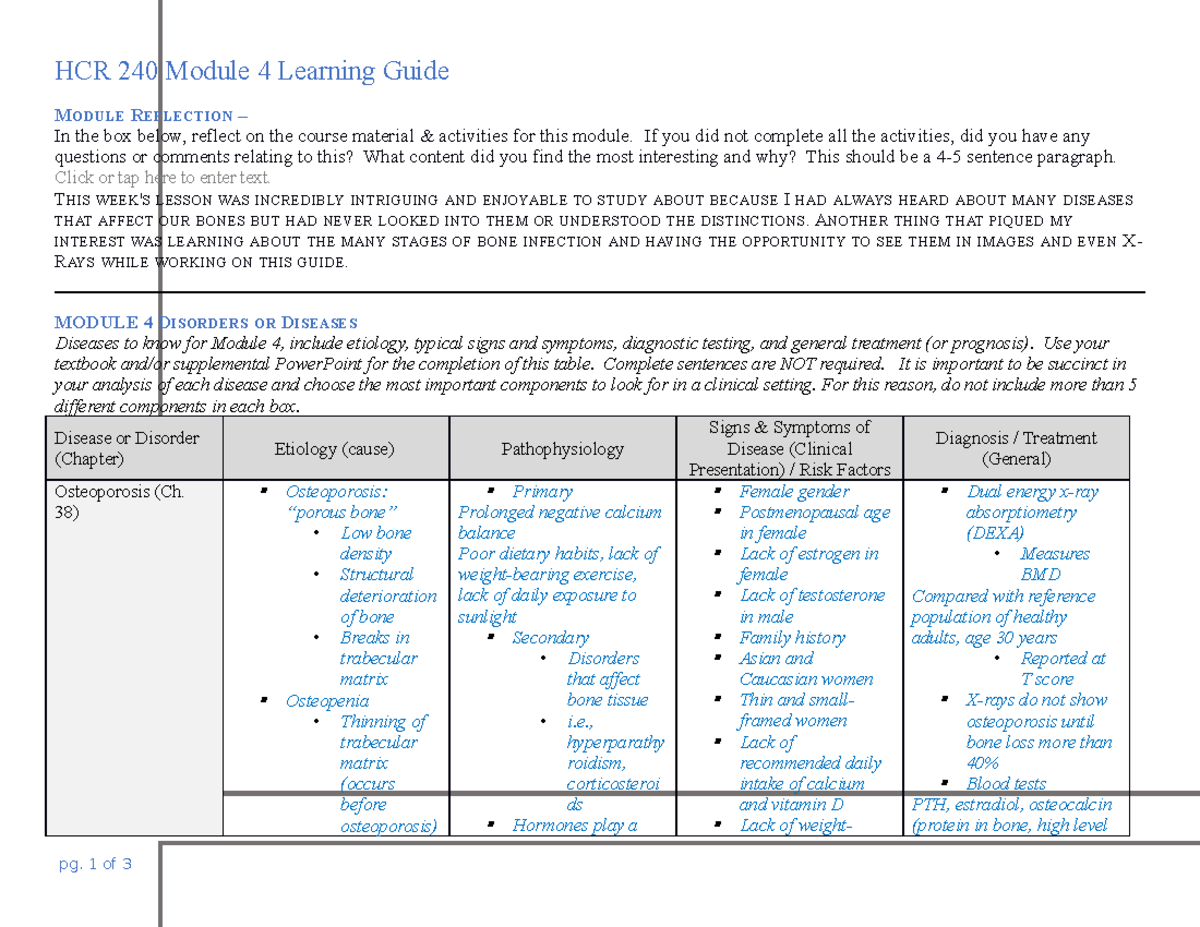 HCR 240 Module 4 Learning Guide - MODULE REFLECTION – In the box below ...