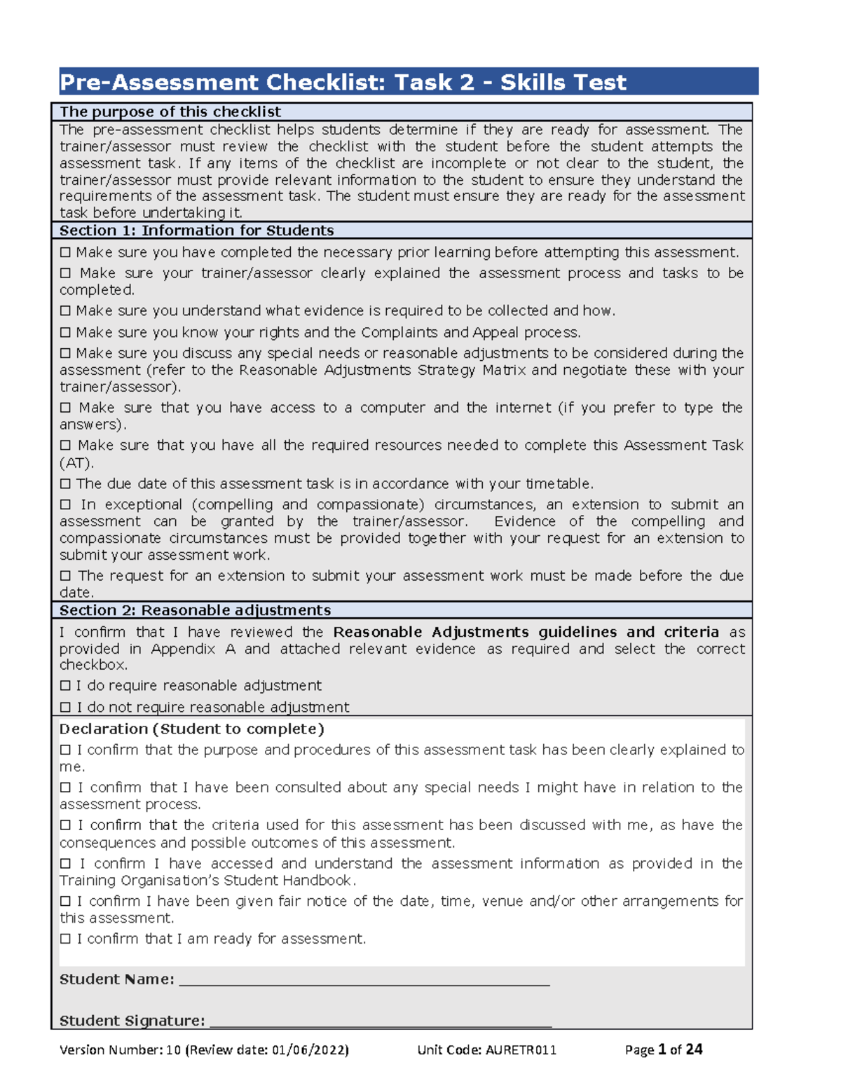 Auretr 011 Student Pack - Skills Test Activity 2- V10 - Pre-Assessment ...