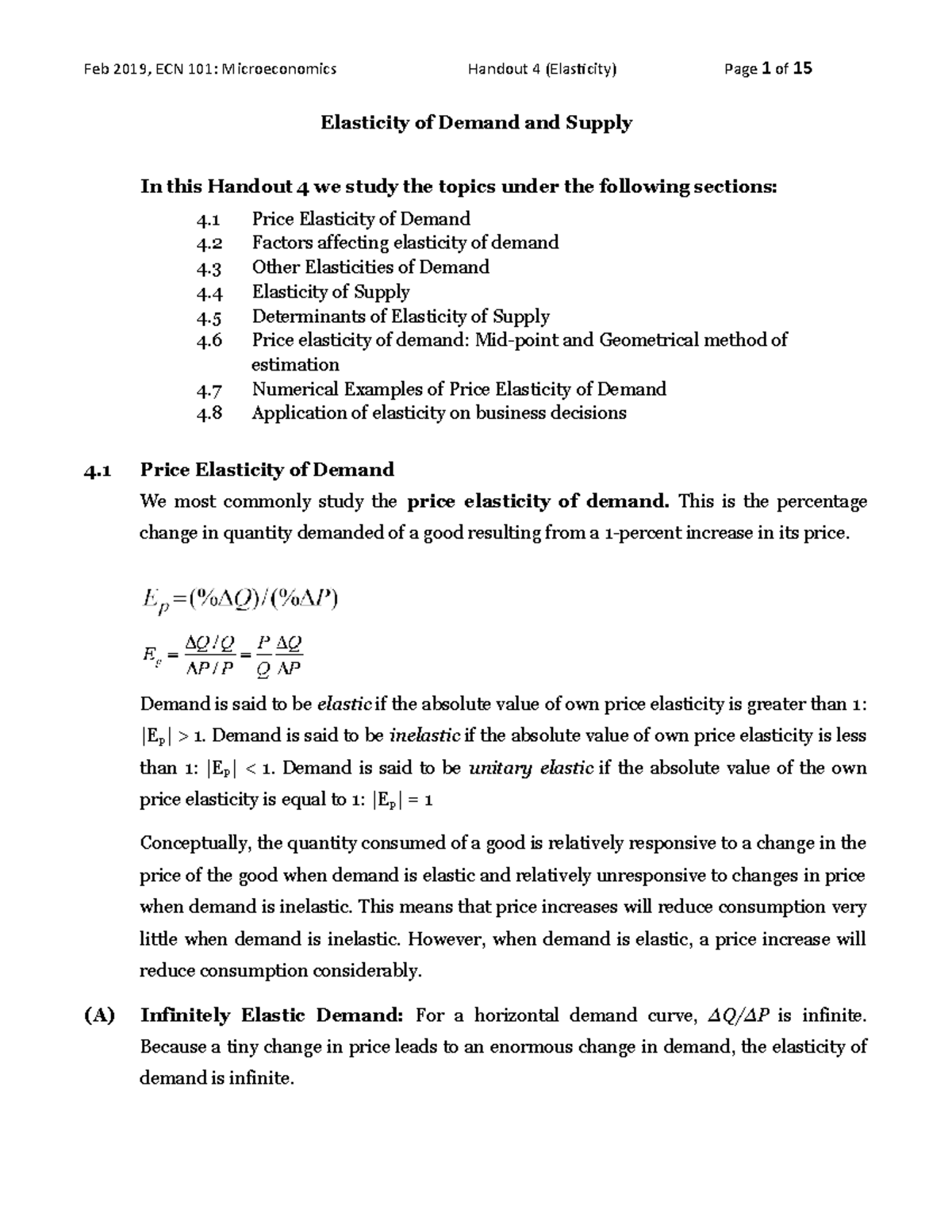 M4. Elasticity - Introductory Microeconomics - Elasticity of Demand and Supply In this Handout 4 ...