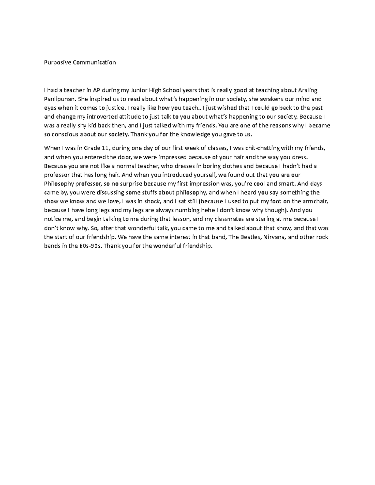 Gratitude Letter - Purposive Communication I had a teacher in AP during ...