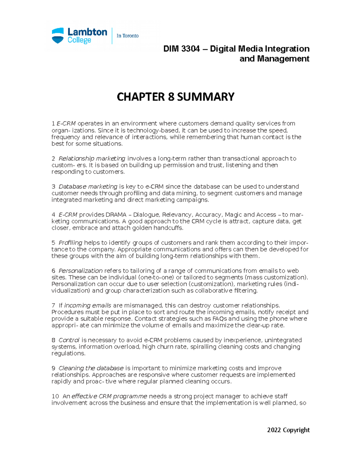 Chapter 8 Summary - DIM 3304 – Digital Media Integration and Management CHAPTER 8 SUMMARY 1 E ...