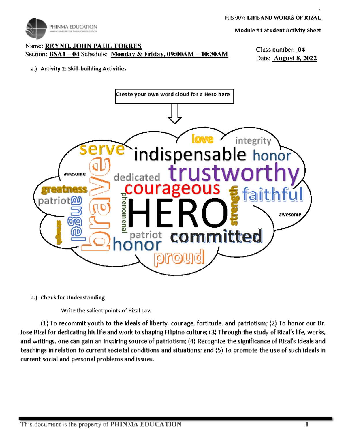 (Answer Sheet) John Paul Torres Reyno - HIS-007-Module-1 - Name: REYNO, JOHN PAUL TORRES Section ...