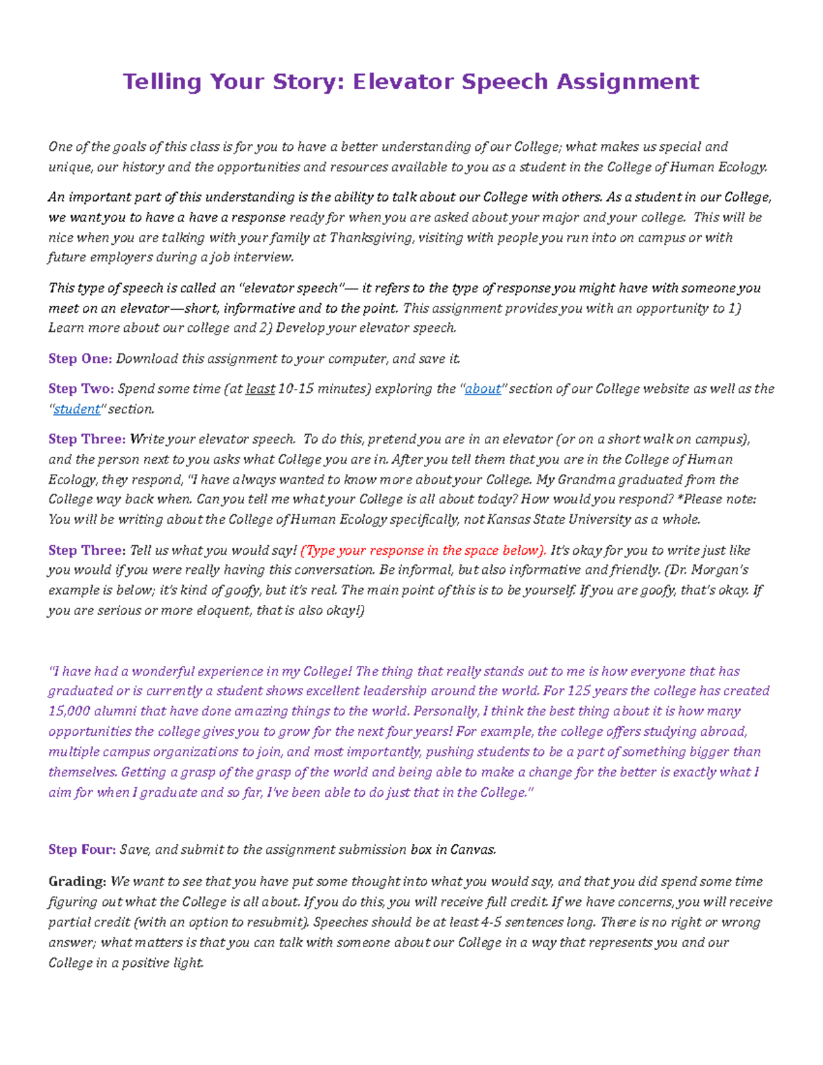 Elevator Speech Assignment - An important part of this understanding is ...