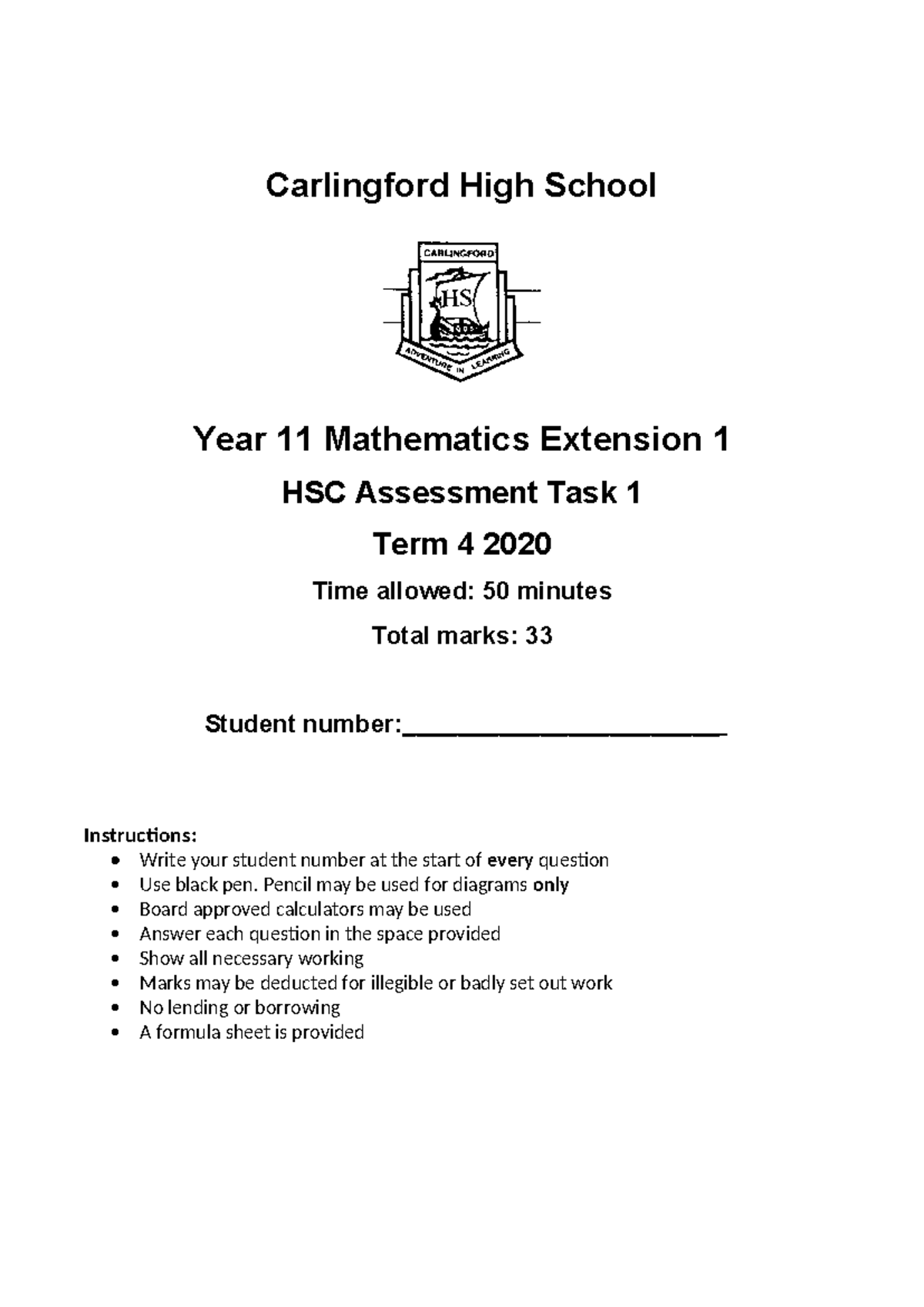 2021 Year 12 Extension 1 AT1 - Carlingford High School Year 11 ...