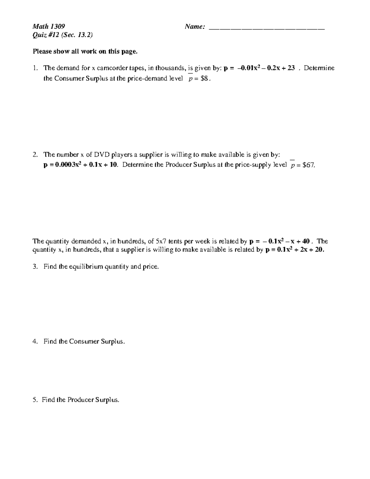 Business Calc Quiz 12 - Math 1309 Name ...
