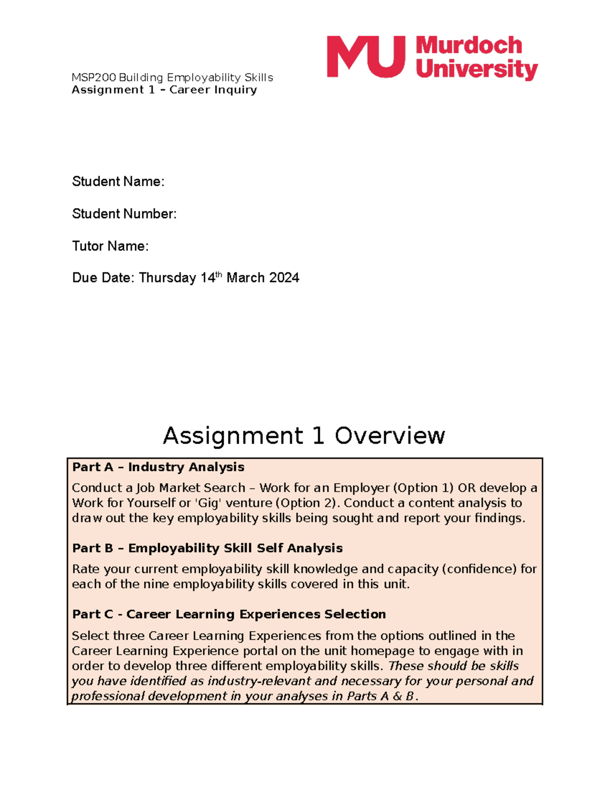 Assignment 1 Career Inquiry Template MSP200 - Assignment 1 – Career ...