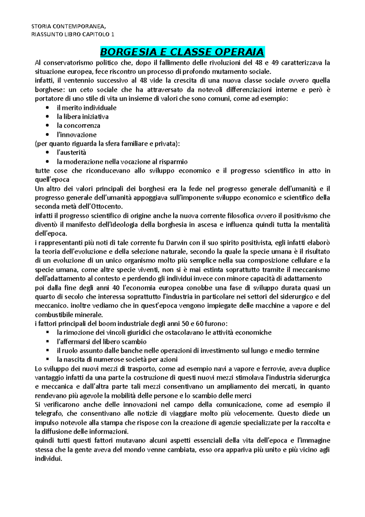 Borghesia e classe operaia - STORIA CONTEMPORANEA, RIASSUNTO LIBRO ...