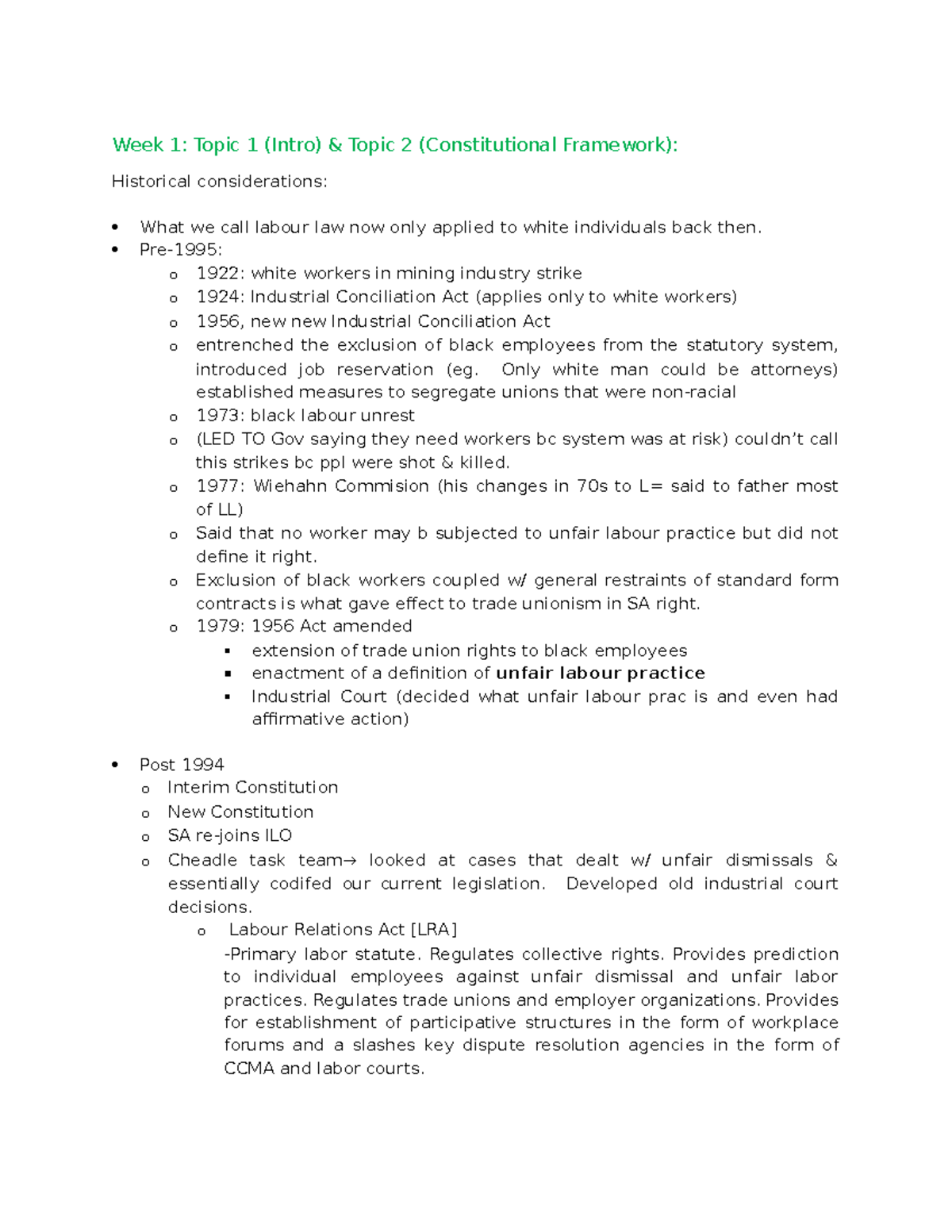 Week 1- labour law - Topic 1 and Topic 2 Summary - Week 1: Topic 1 (Intro) & Topic 2 - Studocu