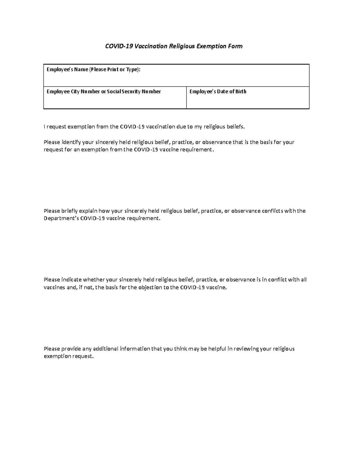 Covid-19 Religious Exemption Form Citywide 9 - COVID-19 Vaccination ...