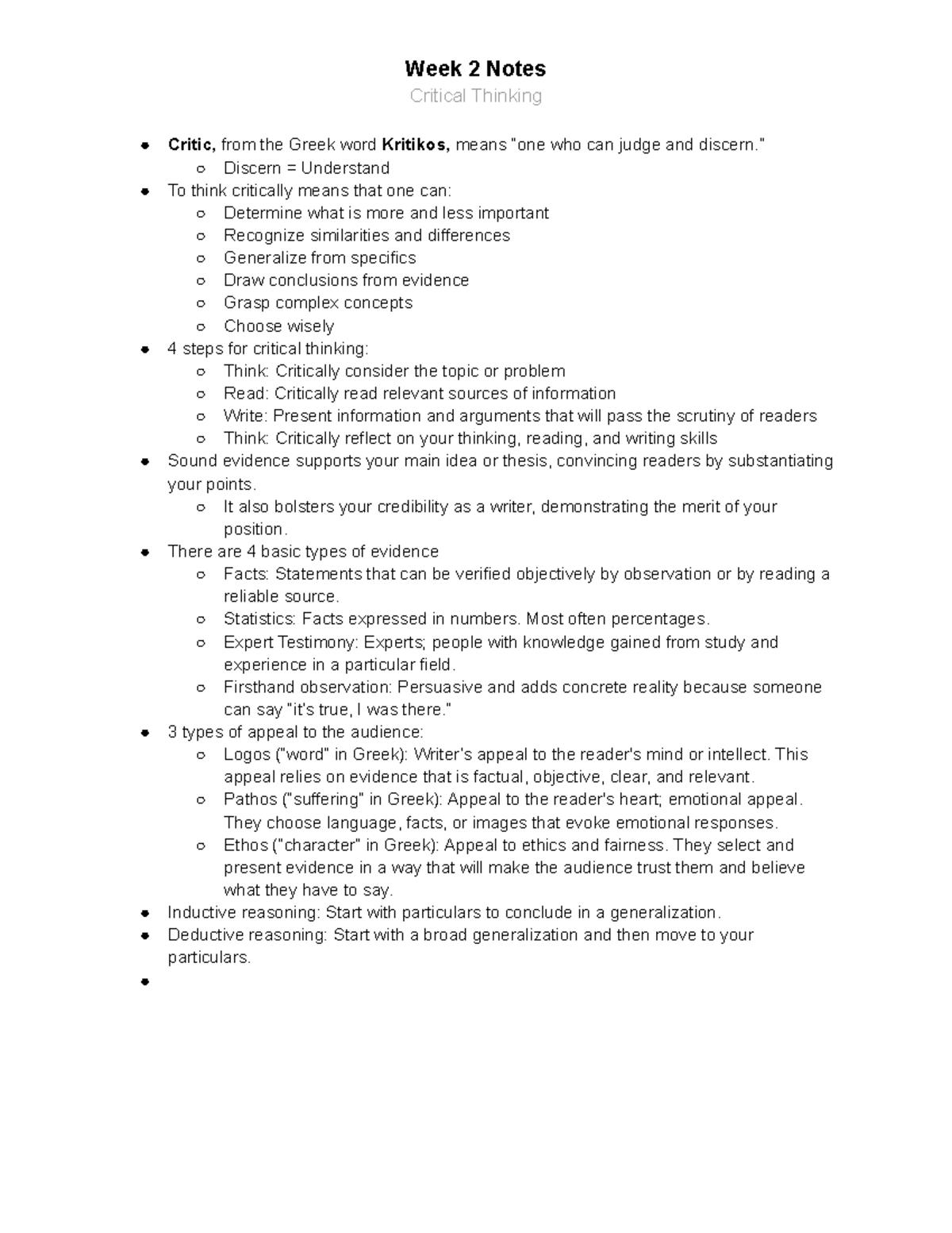 Critical Thinking Notes - Week 2 Notes Critical Thinking Critic, from ...