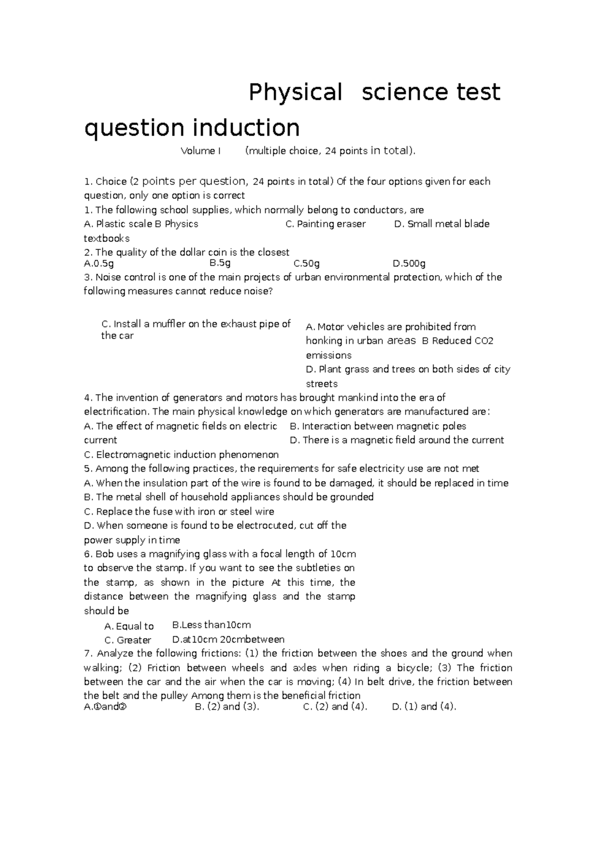 Physical science test question induction - Physical science test ...