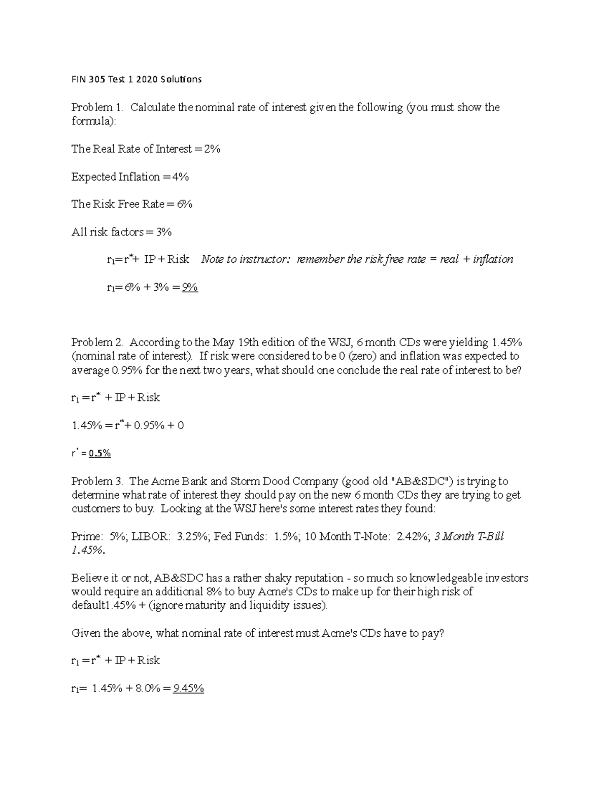 FIN 305 Test 1 2020 Solutions - FIN 305 Test 1 2020 Solutions Problem 1 ...