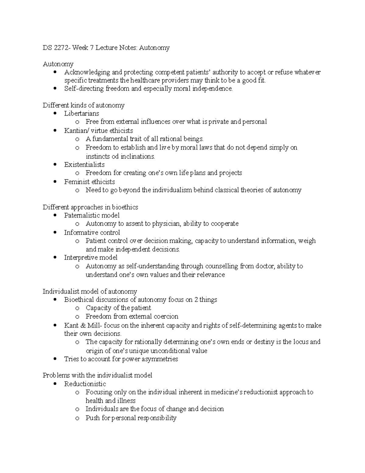 DS 2272 lecture 7 notes - N/A - DS 2272- Week 7 Lecture Notes: Autonomy ...