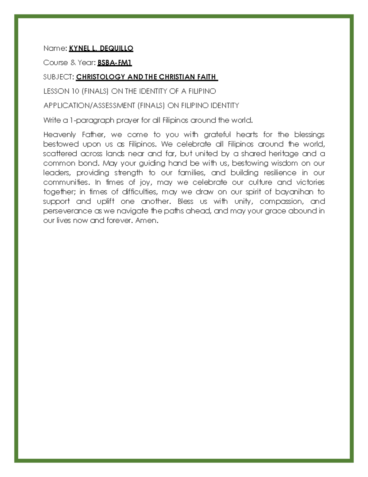 Dequillo Prayer FOR Filipinos - Name: KYNEL L. DEQUILLO Course & Year ...