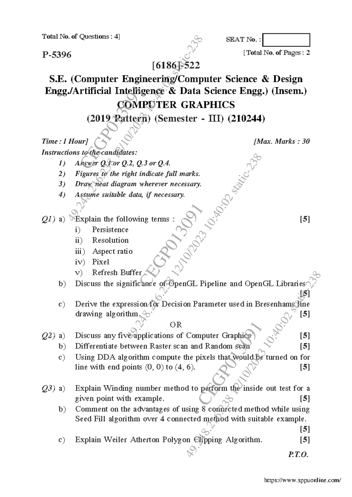 Be computer 3 sem computer graphics oct 2023 - Total No. of Questions ...