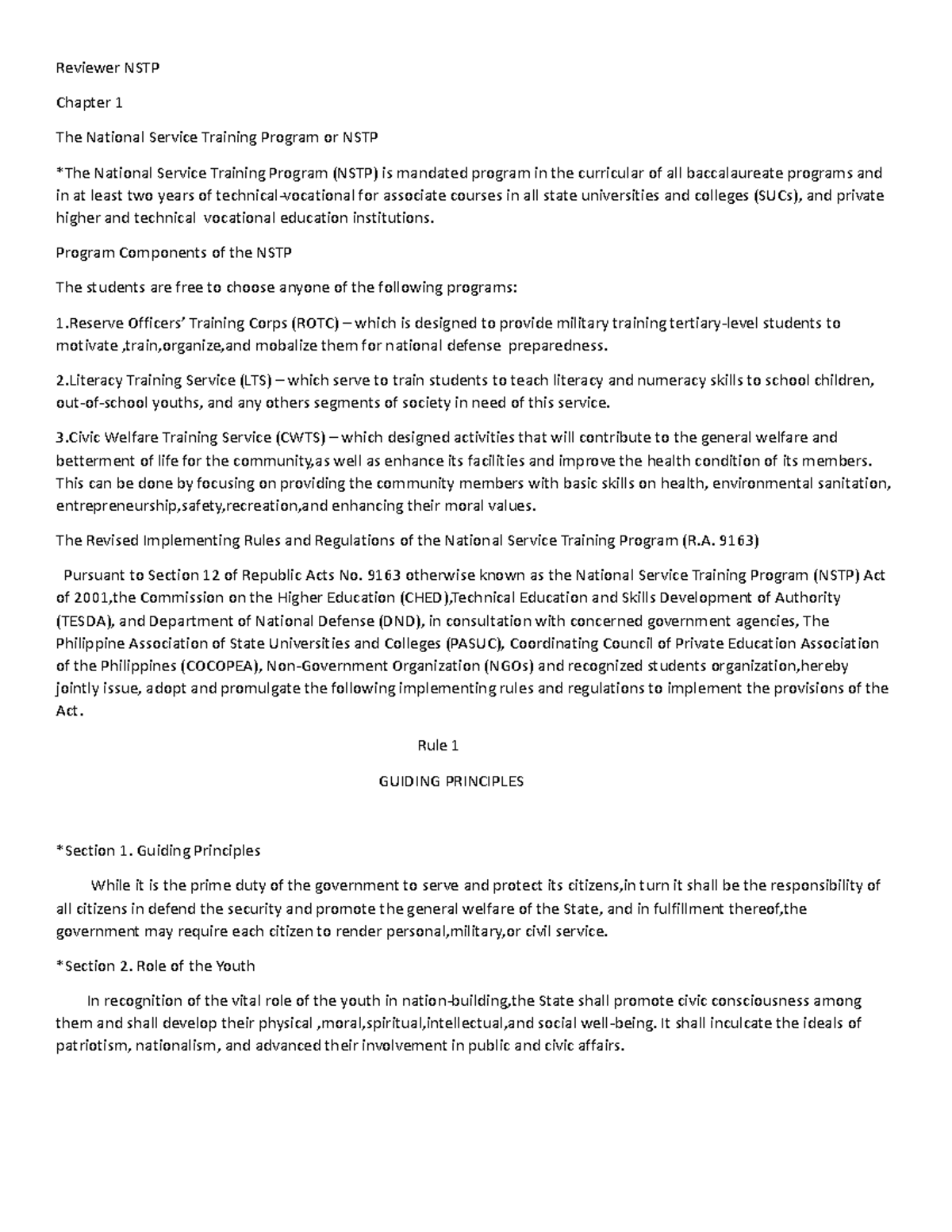 Final Reviewer NSTP CHAP 1 - 2 - Reviewer NSTP Chapter 1 The National ...