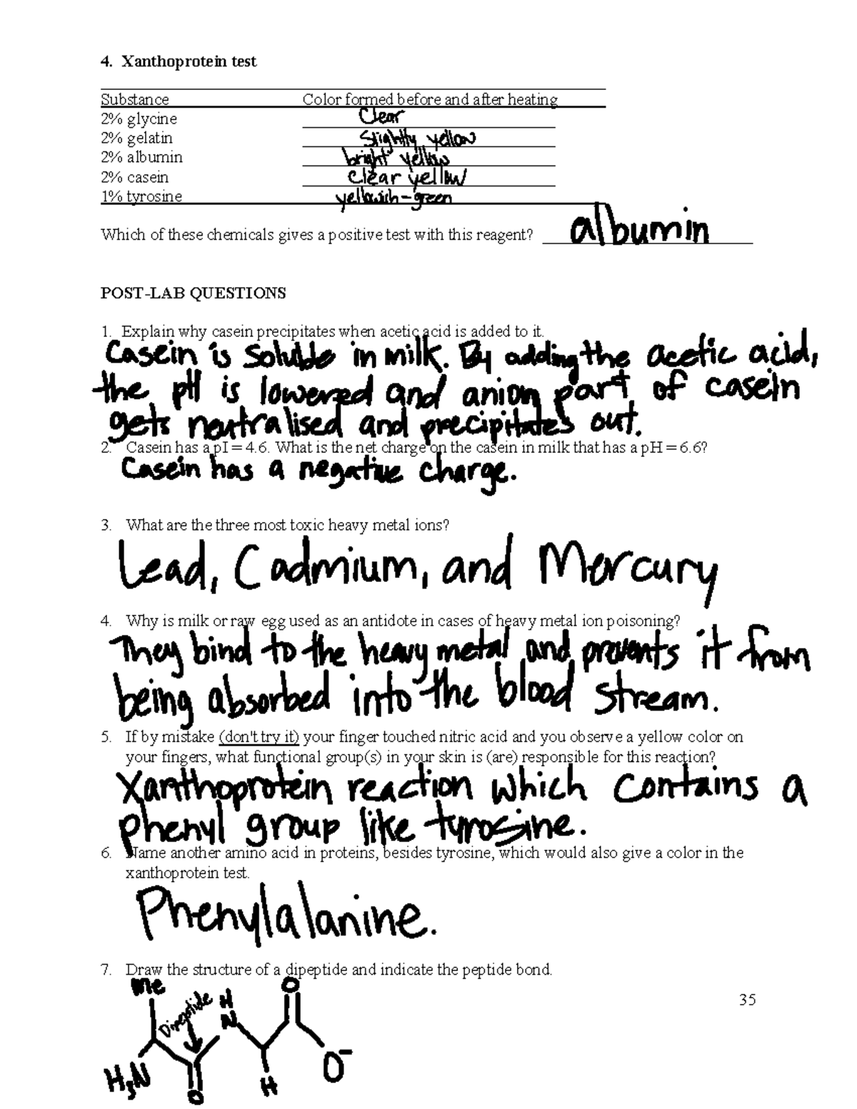 Chemistry Lab Manuel - Experiment 10 part 2 - 35 4. Xanthoprotein test ...