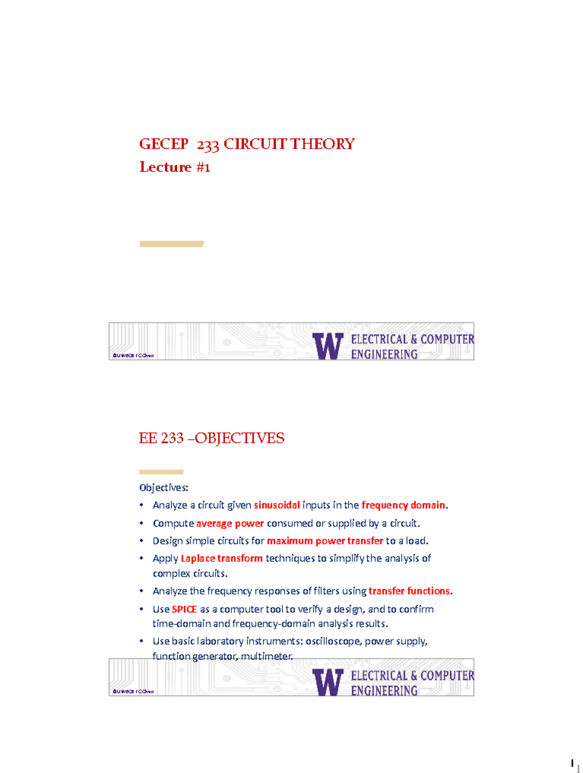 EE 233 Lecture 1-3 Summer 2019 - GECEP 233 CIRCUIT THEORY Lecture TC ...