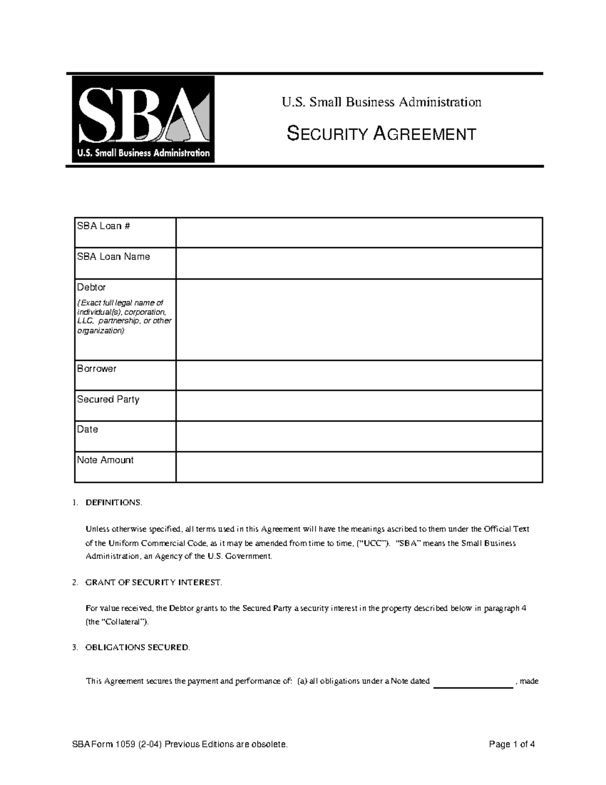 Form Security Agreement - U. Small Business Administration SECURITY ...