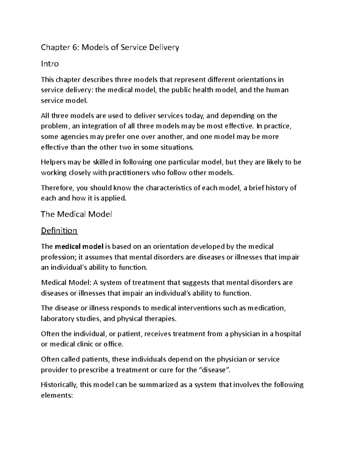 Chapter 6 Models of Service Delivery Notes - Chapter 6: Models of ...
