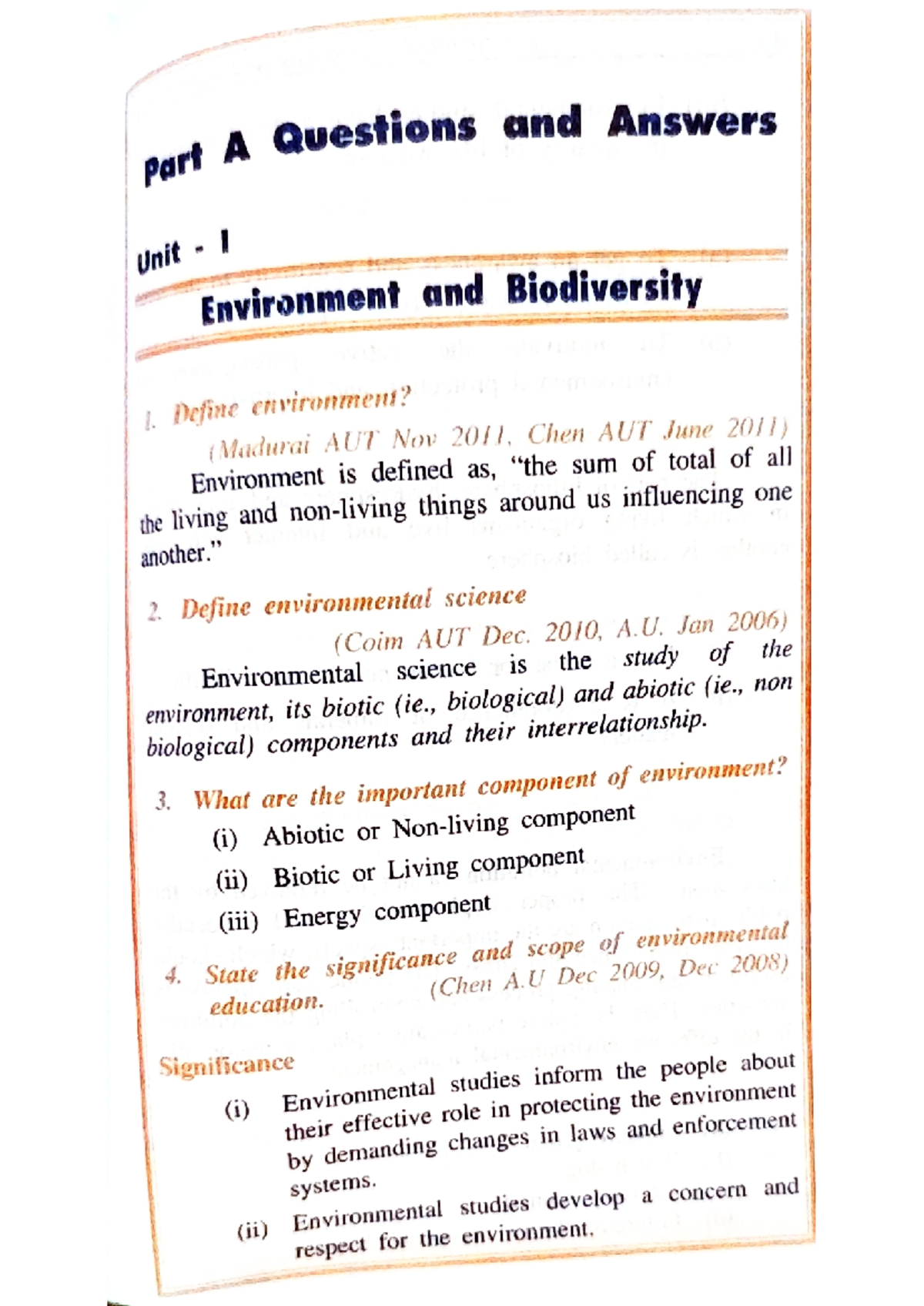 ESS Q&A two marks for all five units - Environmental Science and ...