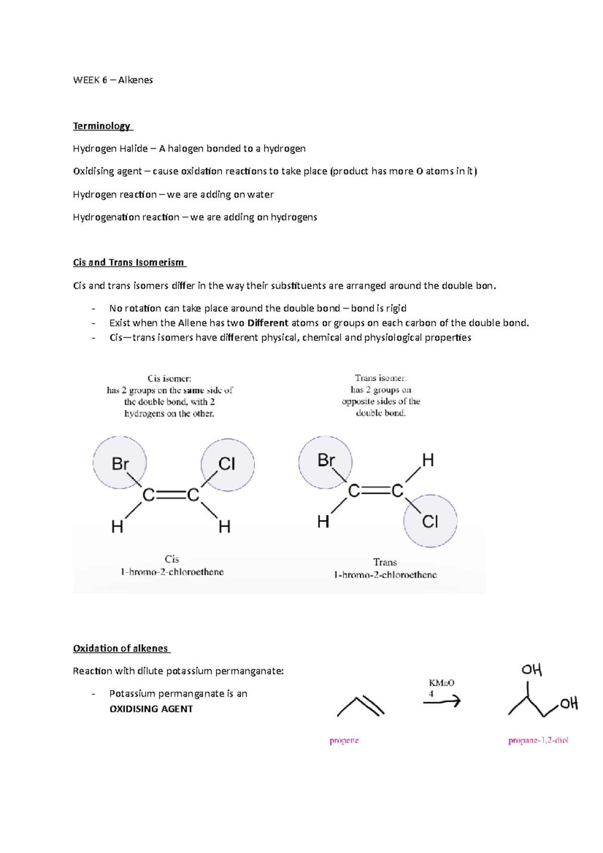alkenes lecture notes - WEEK 6 – Alkenes Terminology Hydrogen Halide ...