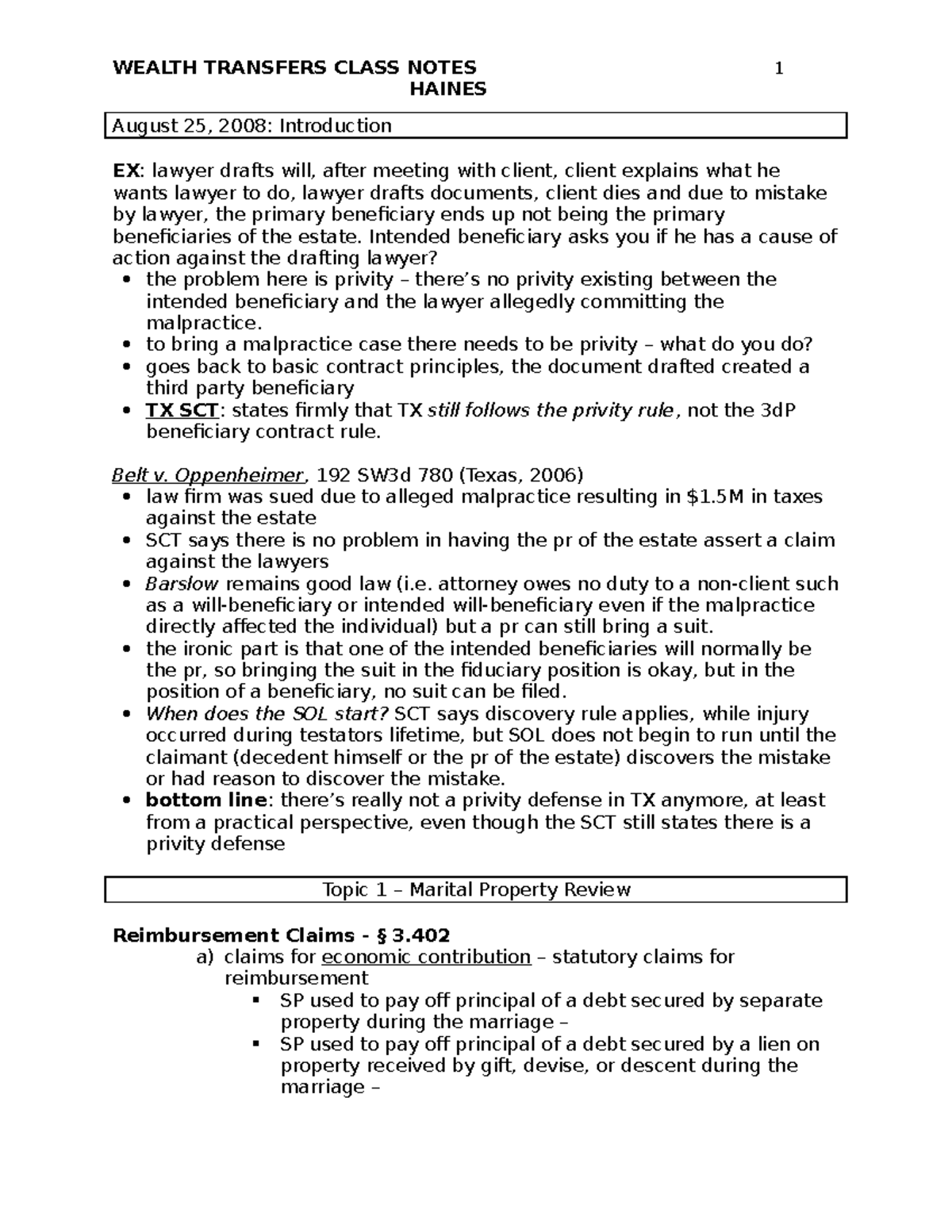 Wealth Transfer Notes - outline - HAINES August 25, 2008: Introduction ...