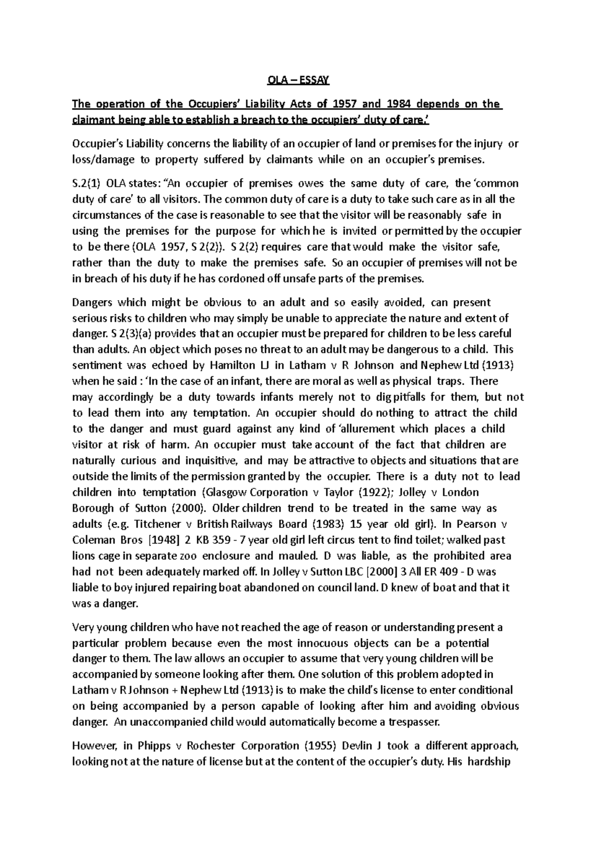 OLA - Essay printout - OLA – ESSAY The operation of the Occupiers ...