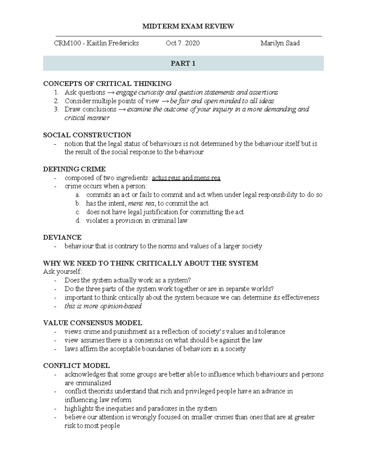 CRM 100 Midterm Exam Review 1 - MIDTERM EXAM REVIEW CRM100 - Kaitlin ...