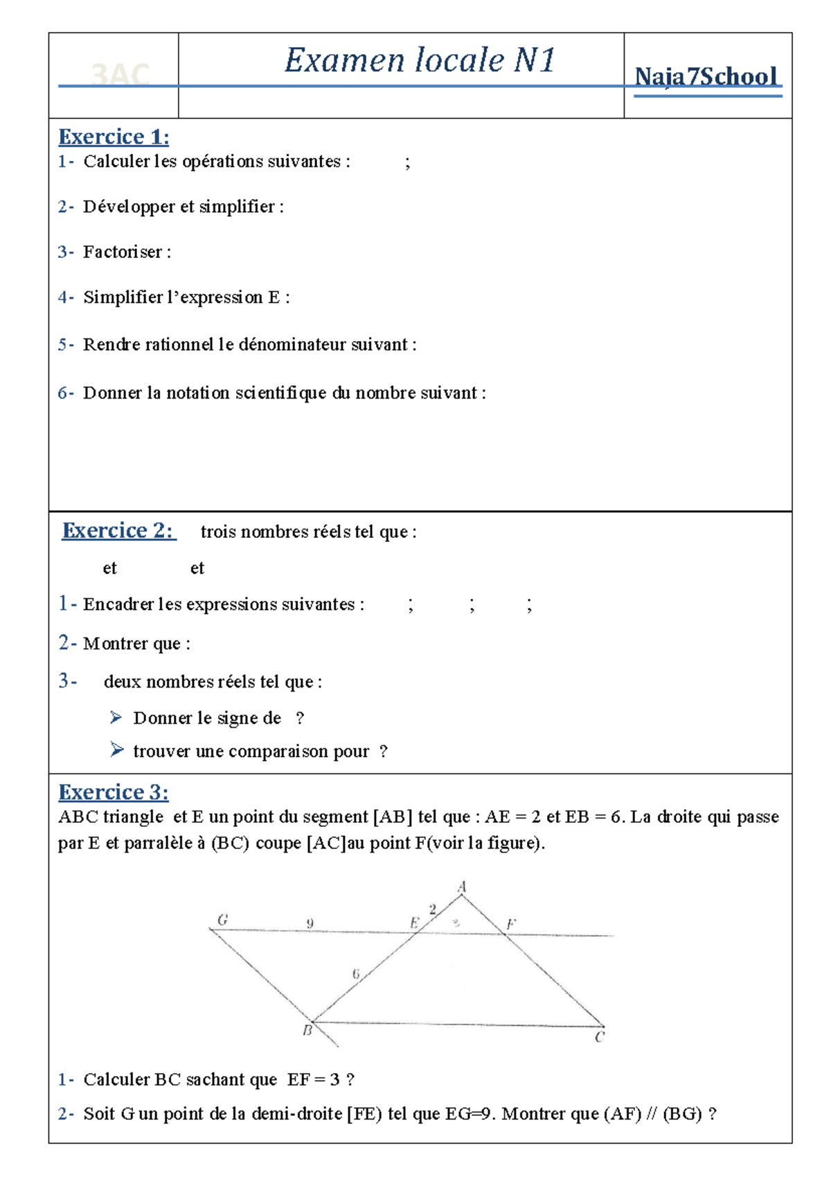 Examen- Local-de- Mathematiques Modele-N°-1 - Exercice 1: 1- Calculer ...