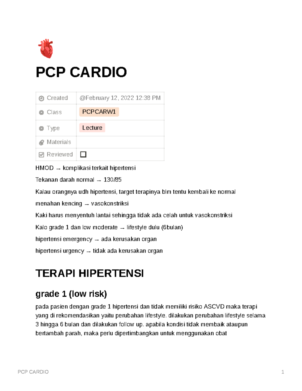 PCP Cardio - PCP CARDIO 1 h PCP CARDIO Created Class PCPCARW Type Lecture Materials Reviewed ...