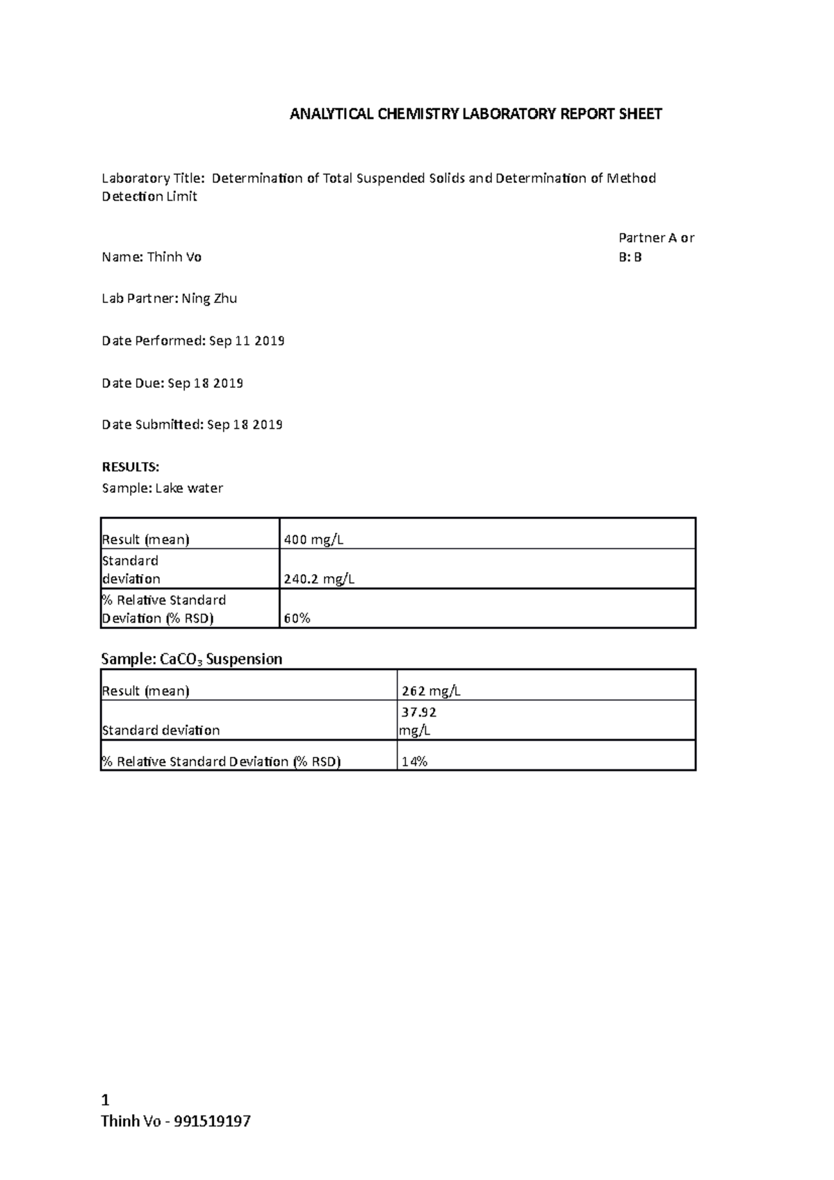 Analytical Chemistry Laboratory Report 1 - ANALYTICAL CHEMISTRY ...