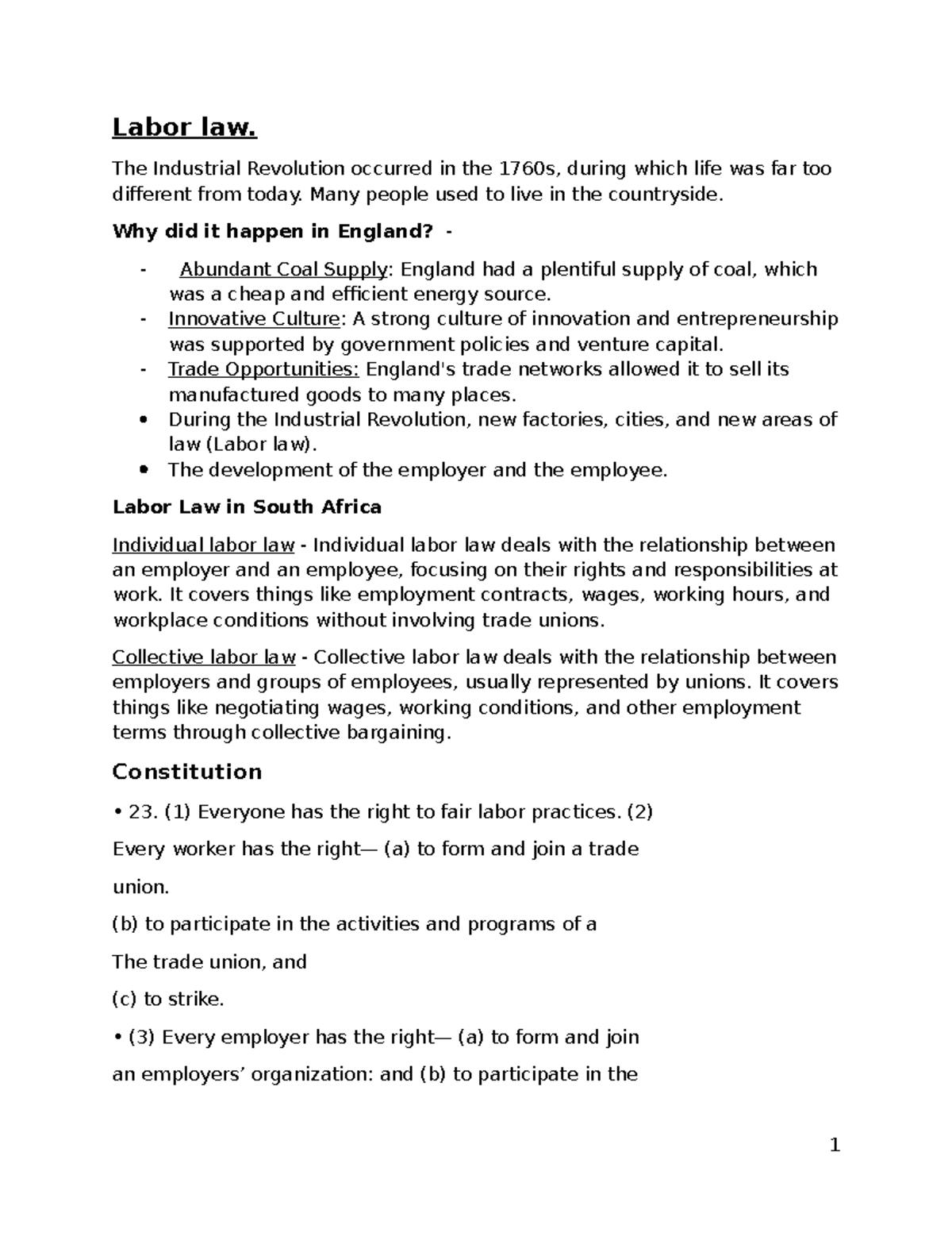 Labor law Notes 2000 - Labor law. The Industrial Revolution occurred in ...