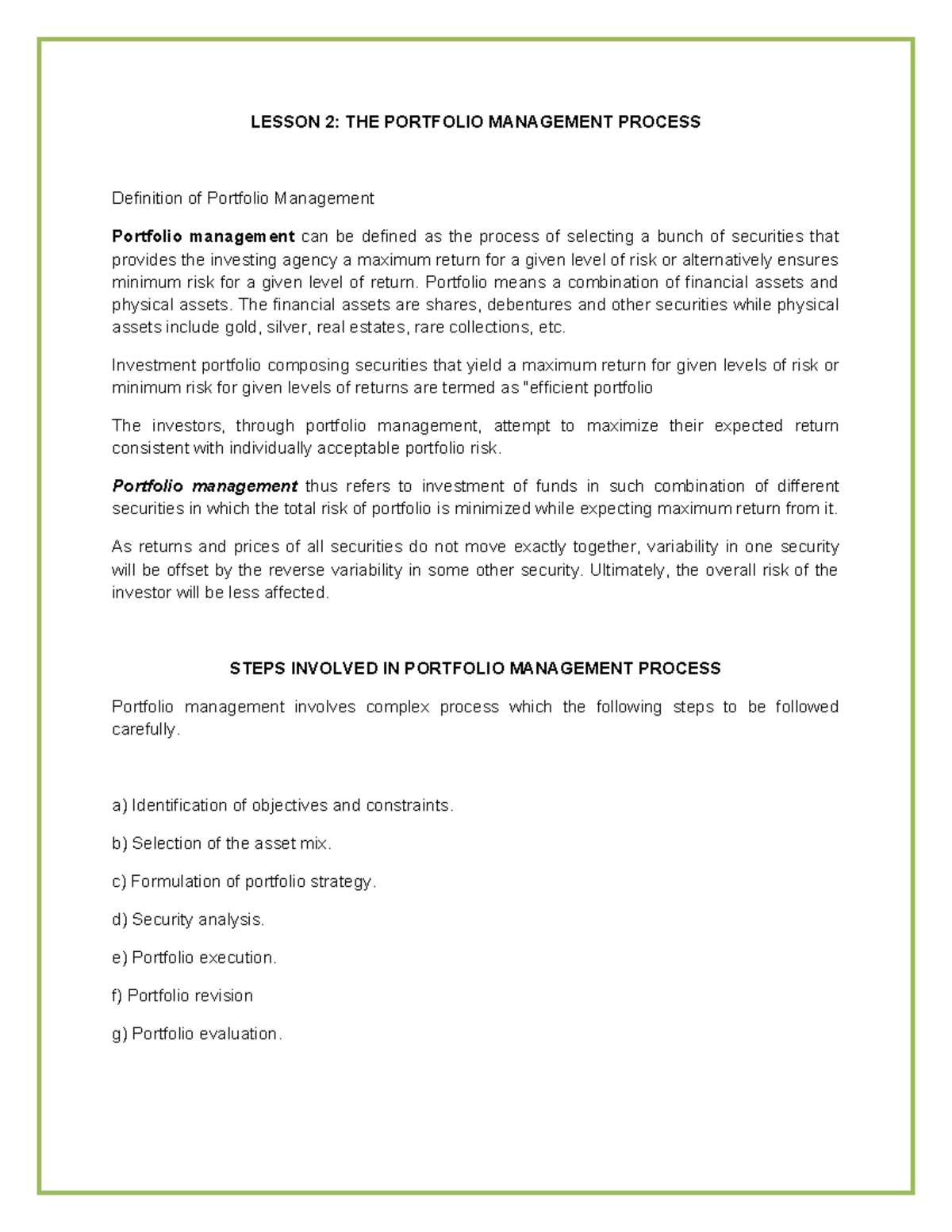Lesson 2 with Unit Assesment 1 - LESSON 2: THE PORTFOLIO MANAGEMENT ...