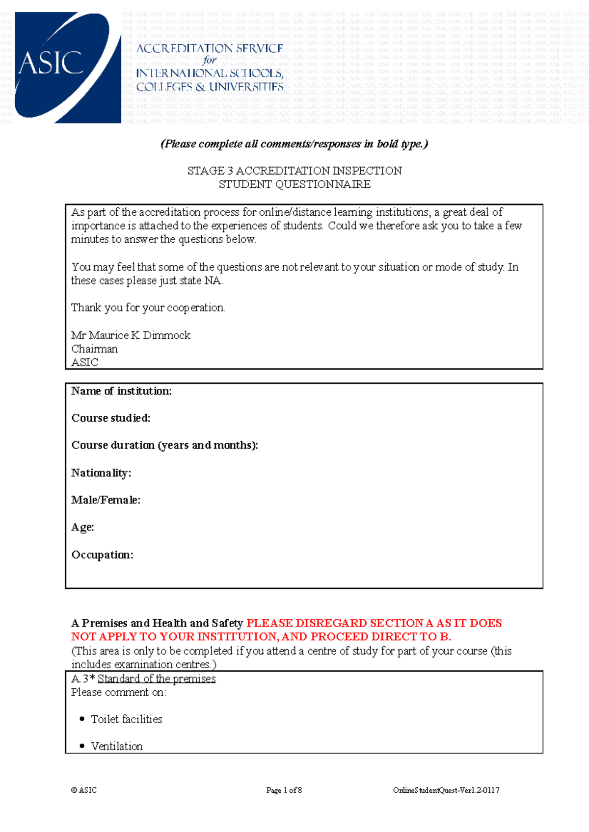 Online Student Questionnaire - (Please complete all comments/responses ...